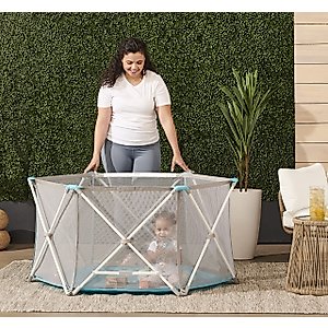 Regalo My Portable Play Yard Indoor and Outdoor, Washable, White/Gray/Teal, 6-Panel
