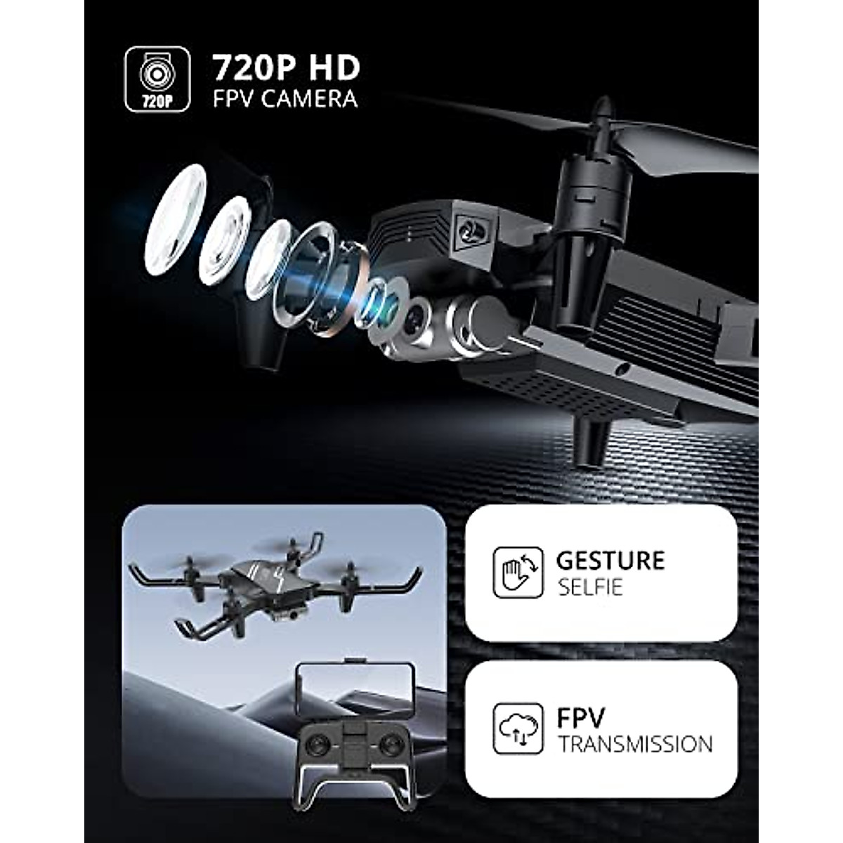DEERC D20 Mini Drone for Kids with 720P HD FPV Camera Remote Control Toys Gifts for Boys Girls with Altitude Hold, Headless Mode, One Key Start Speed Adjustment, 3D Flips 2 Batteries, Black