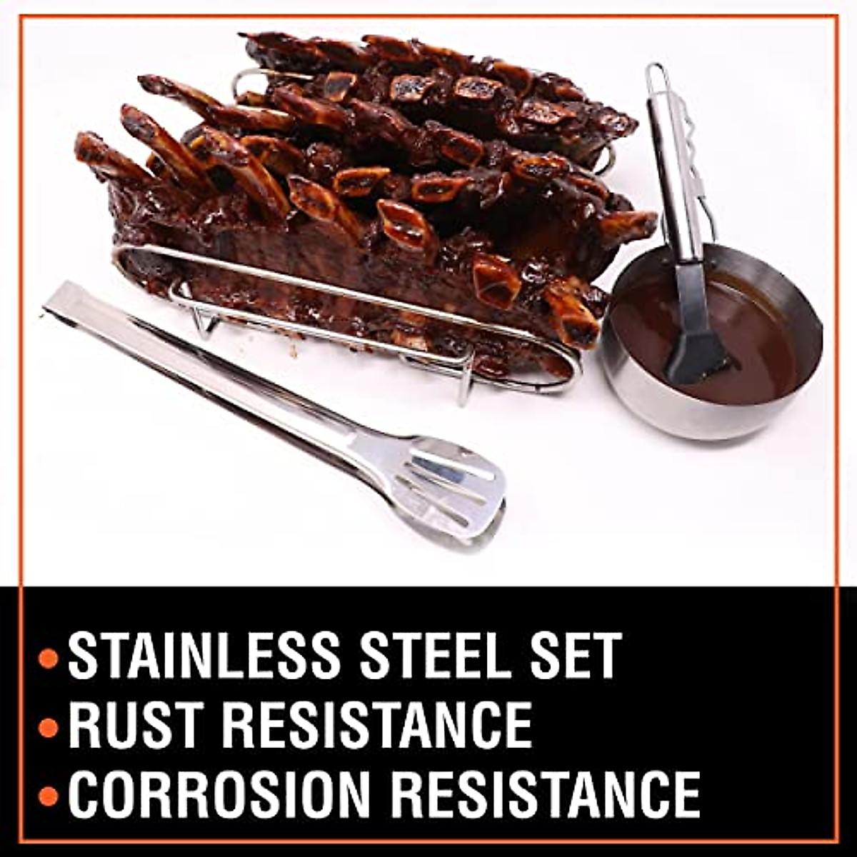 Large Rib Rack for Smoking - BBQ Rib Rack Gas Charcoal Smoker - Grilling Accessories - 304 Stainless Steel Roasting Stand With Tongs, Basting Brush Sauce Pan - Non Stick Grill Rack - Barbecue Rib Rack Holds 5 slab