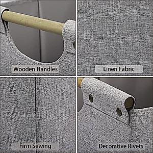 HOONEX Collapsible Storage Bins, 13x13x13in Storage Cubes Linen Fabric, 3 Pack, Storage Baskets with Wooden Carry Handles and Sturdy Heavy Cardboard, for Home, Office, Car, Nursery, Light Grey