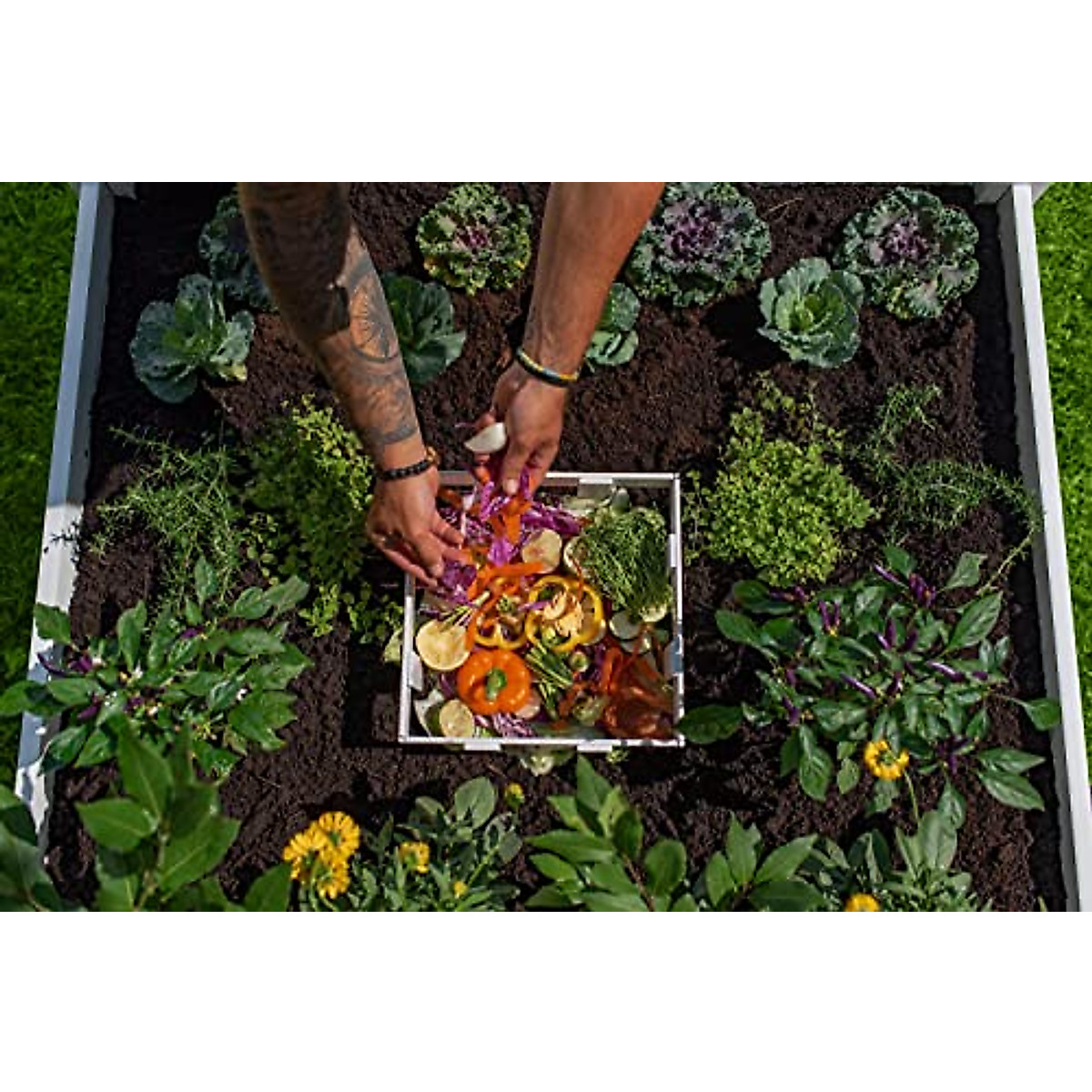 Vita Classic 4 Foot x 4 Foot x 22 inch Keyhole Garden Bed with Composting Basket, White, PVC, BPA and Pthalate Free, VT17101