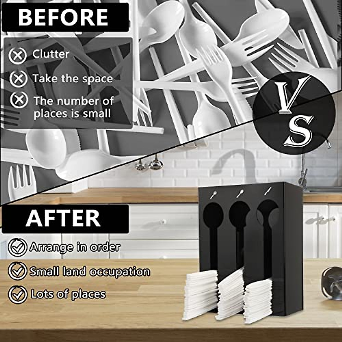 KEVTVEK Plastic Utensil Dispenser Holder Caddy Black Silverware Organizer Silverware Holder Suitable for Restaurant, Party, Picnic, Office, Cafe..