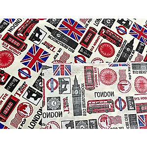 AMORNPHAN 45 Inch London British Big Ben Bus Great England United Kingdom UK England Flag Country Printed Cotton Fabric for Patchwork Needlework DIY Handmade Sewing Crafting Home Decoration For 1 Yard