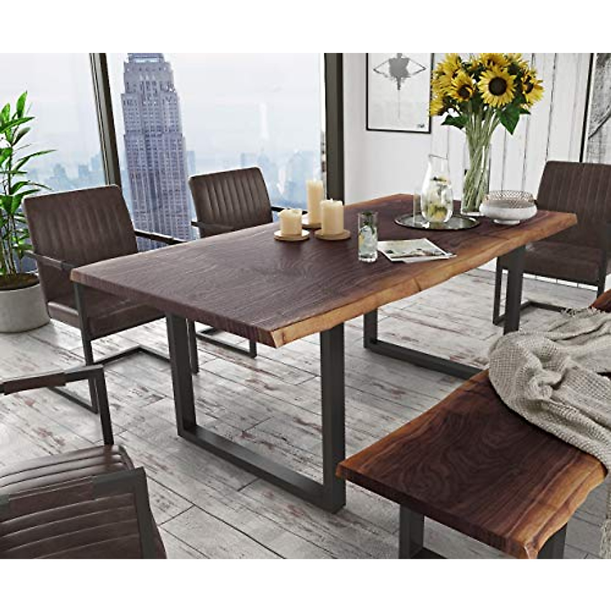 Limari Home Brylee Collection Modern Style Live Edge Solid Acacia Wood Top 6 Persons Dining Table with Metal U-Legs, Brown