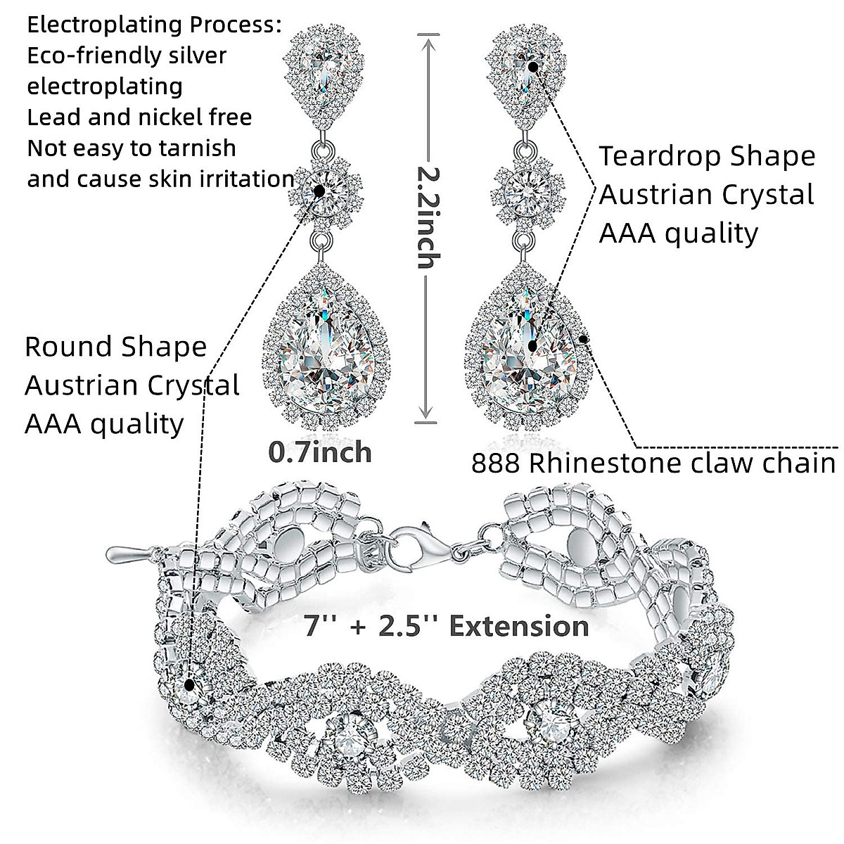 Paxuan Womens Wedding Bridal Earrings Bracelet Jewelry Sets Rhinestone Crystal Bracelets (Bracelet and Earrings Set)