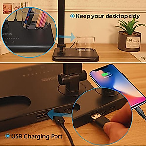 GERINTECH Dual Shade LED Desk Lamp with USB Charging Port & Pen Holder, Bright Table Lamp with Auto Shut-Off Timer, 10 Adjustable Brightness, 5 Color Modes (Black)