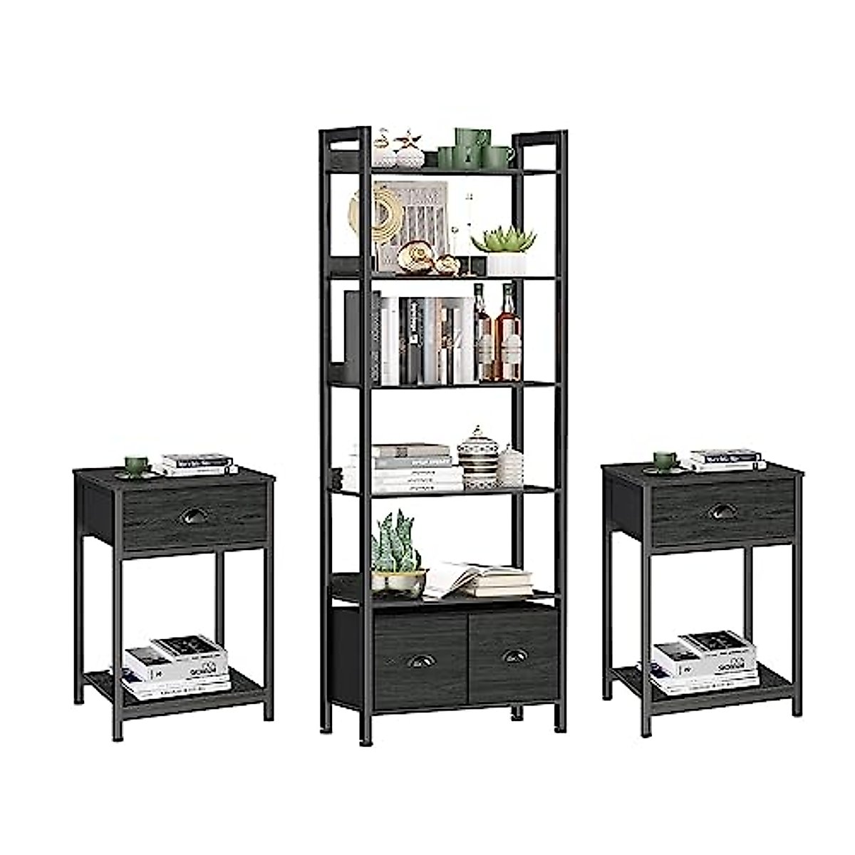Furologee 6-Tier Bookshelf and Nightstands Set of 2, ndustrial End Table with Fabric Drawer&Storage Shelf, Small Bedside Table Organizer for Small Space, Side Table for Living Room