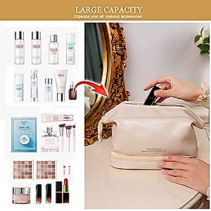 Abiudeng Large Makeup Bag,Double Layer Cosmetic Bag,Travel Makeup Bag,Leather Makeup Bag, Cosmetic Travel Bags,Portable Leather Toiletry Bag,Roomy Cosmetic Bag for Women and Girls.White