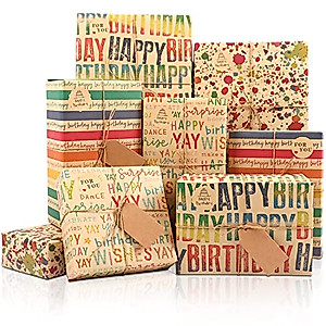 MAMUNU Birthday Wrapping Paper, 8 Sheets Brown Kraft Recycled Gift Wrapping Paper, Colorful Happy Birthday Gift Wrapping Paper Set with Stickers and Tags for Kids Women Men Birthday All Occasions, 20×28 Inch