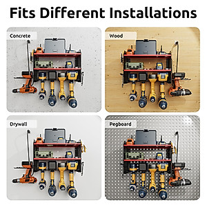 FUZVOL Power Tool Organizer Wall Mount With Power Strip 8-outlet Surge Protector, Heavy Duty Garage Storage Shelves Rack With Drill Bit Holder, Cordless Power Tool Holder With Charging Station，Red