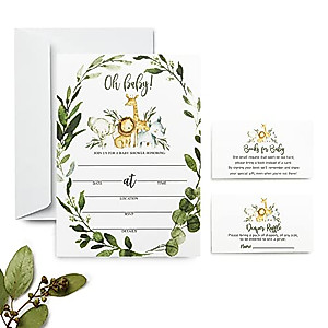 25 Wreath Safari Greenery Baby Shower Invitations (Large Size 5X7 inches), Diaper Raffle Tickets, Baby Shower Book Request Cards with Envelopes Jungle Animal Invites for Boy Neutral Baby Showers