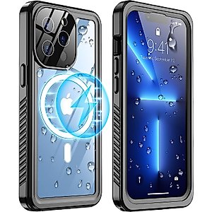 Temdan for iPhone 13 Pro Max Case Waterproof,Built-in 9H Tempered Glass Screen Protector [Real 360][IP68 Underwater][Military-Grade Protection][Dustproof][Compatible with MagSafe] - Clear/Black