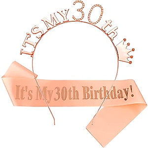 ACO-UINT 30th Birthday Crown for Women, Cute Birthday Sash & Birthday Headband for Women Set, Sweet Birthday Headband 30th Birthday Decorations Birthday Gifts for Women