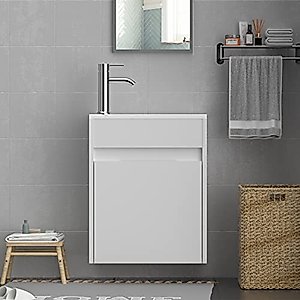 eclife 16" Bathroom Vanity Sink Combo for Small Space, Modern Pianted Wall Mounted Cabinet Set w/White Resin Basin Sink Top, Chrome Faucet & Pop Up U Shape Drain (B10W)