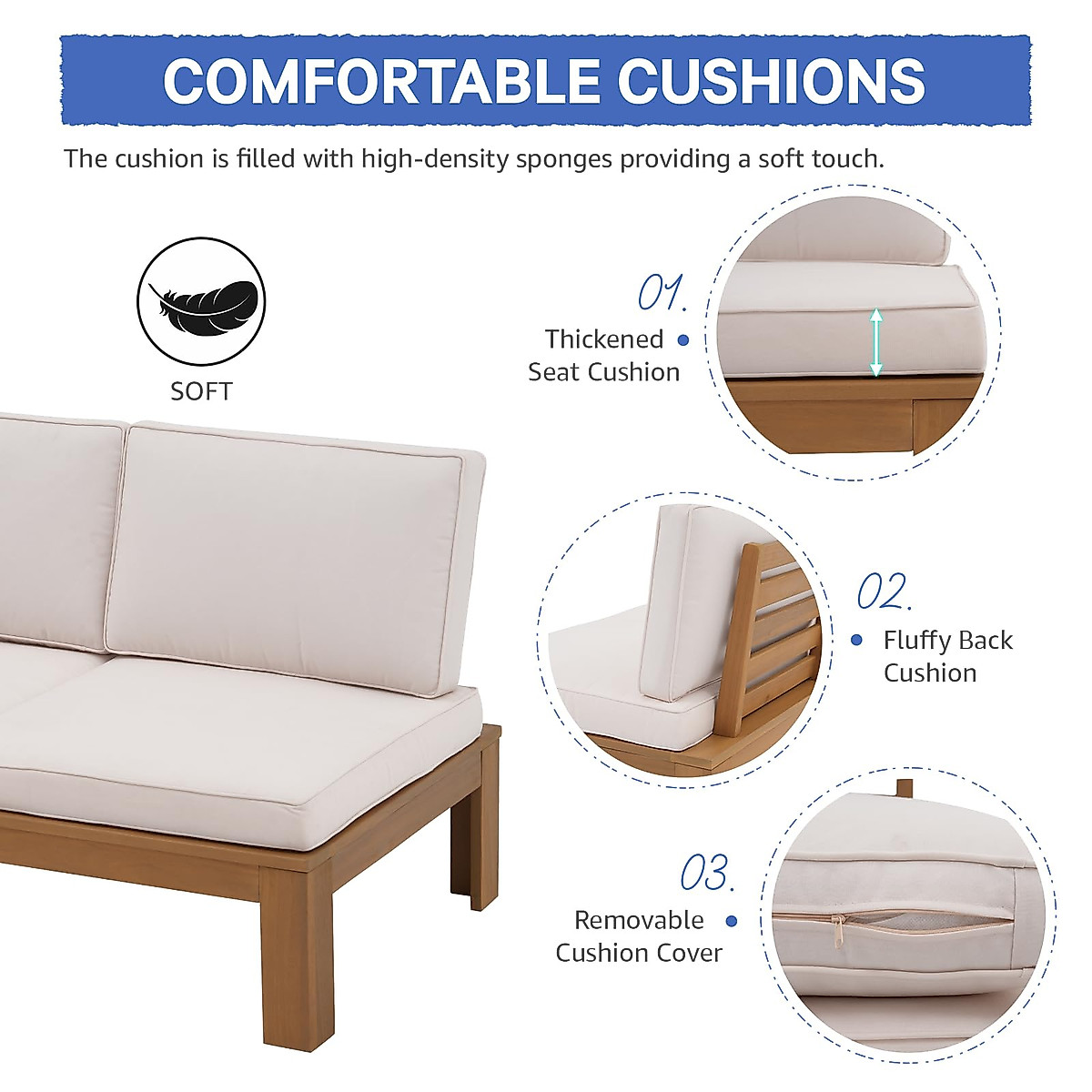 SUNSITT 4 Piece Acacia Wood Patio Furniture Outdoor Sectional Sofa Set with Adjustable Armrest, FSC Certified L-Shaped Patio Set w/2-in-1 Coffee Table, Cream White Cushions for Garden