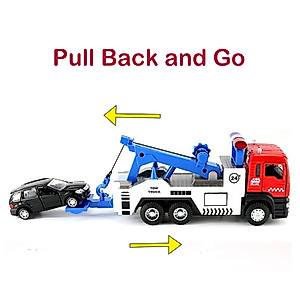 JOYINUS Toy Tow Truck Metal Diecast Truck with Car Pull Back Miniature Toy Trucks with Sound and Light for Boys(with 5 Pcs Traffic Signs)