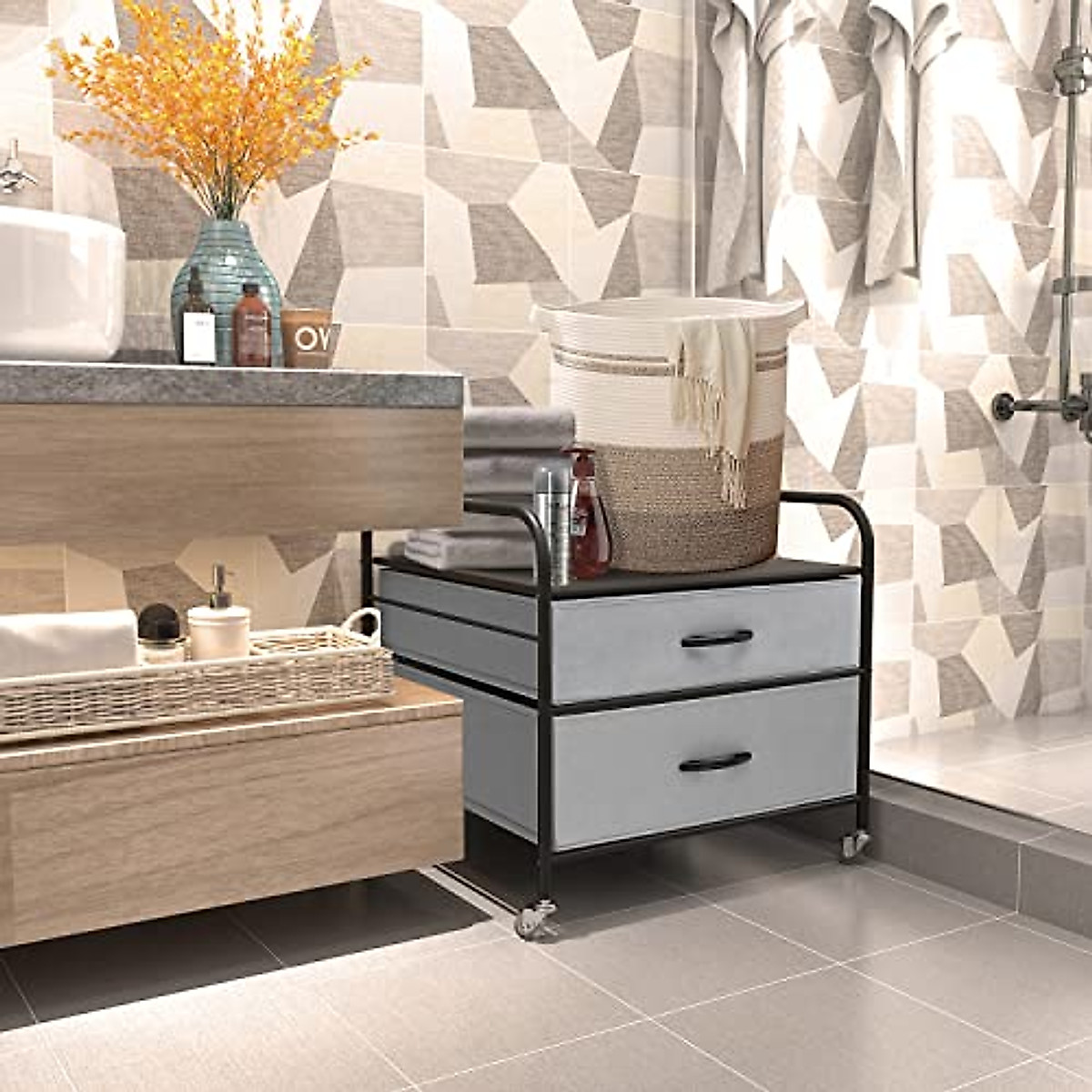 Mini Fridge Stand with Storage, KOZIDO 2-Tier Drawer Organization Rolling Cart for Mini Fridge, Dorm Fridge Stand with Grey Drawers, Metal Frame, Swivel Wheels