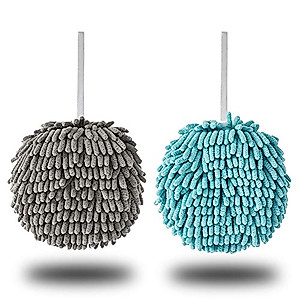 RINTATI Microfiber Hand Towel For Bathroom Blue and Grey Chenille Fluffy Decorative Small Soft Towel Ball with Loop for Kitchen Powder Room.
