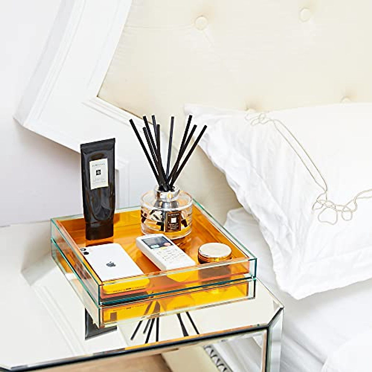 Acrylic Decorative Tray-Jewelry Perfume Makeup Storage Organizer for Vanity, Dresser, Bathroom, Living Room, Coffee Table (Orange)