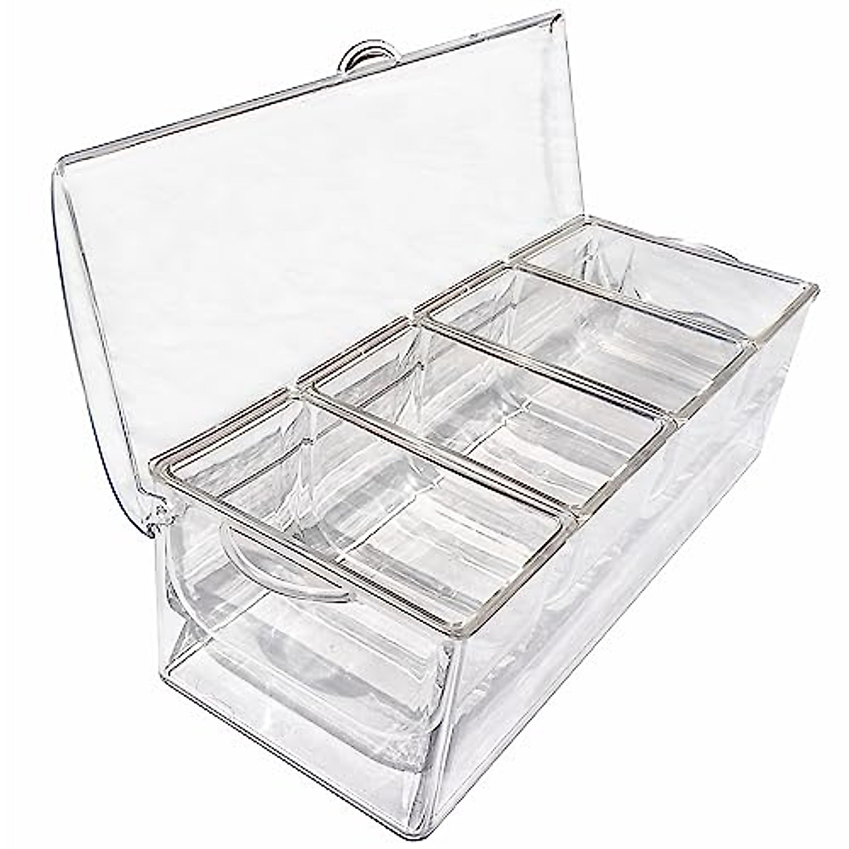 Ice Chilled 4 Compartment Condiment Server Caddy - Serving Tray Container with 4 Removable Dishes and Hinged Lid | 3 Serving Spoons + 3 Tongs Included
