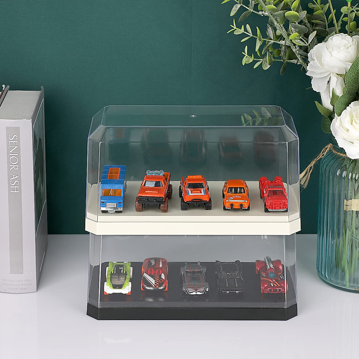 JUXYES Clear Display Box for Collectibles, Rectangular Display Box Stand Countertop Stackable Display Case With Base, Transparent Storage Containers Mini Display Box for Action Figures Toys