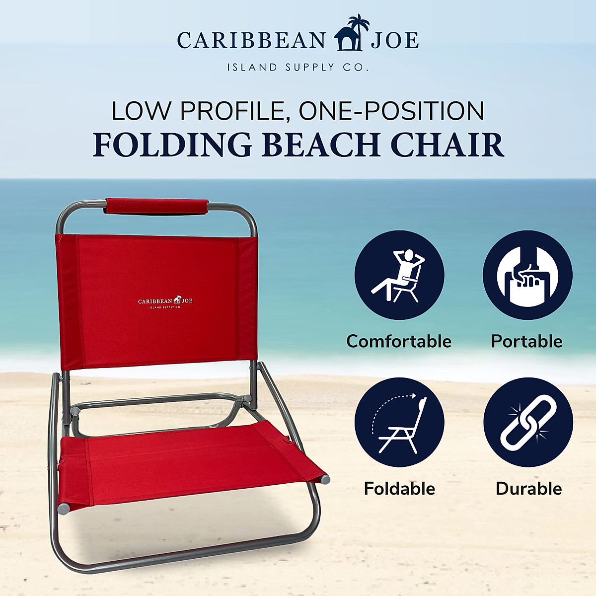 Caribbean Joe Folding Beach Chair, 1 Position Lightweight and Portable Foldable Outdoor Camping Chair, Red
