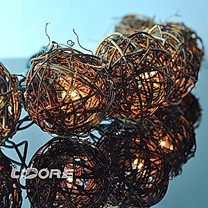 LIDORE 10 Counts Natural Rattan Balls String Light. Warm White Light for Patio, Wedding, Garden and Party Brown Rattan and Green Cord (Rattan)