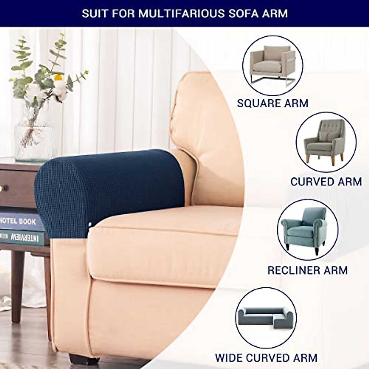 subrtex Stretch Armrest Covers Spandex Arm Covers for Chairs Couch Sofa Armchair Slipcovers for Recliner Sofa with Twist Pins 2pcs (Navy)