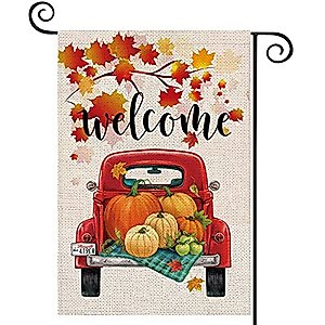 Thanksgiving Fall Welcome Garden Flags for Outside,Truck with Pumpkins Maple Leaves,Harvest Decorative Farmhouse Flag for Patch,12.5 x 18 Inch Double Sided,Small Thanksgiving Yard Flags for Autumn Outdoor Decor