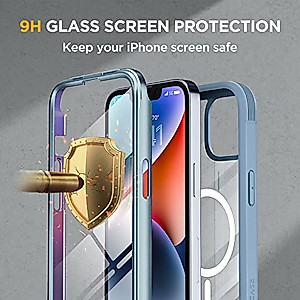 Miracase Magnetic iPhone 14/13 Case with Magsafe, Full-Body Bumper, Anti-Fingerprint 9H Tempered Glass, Dust Port - Blue