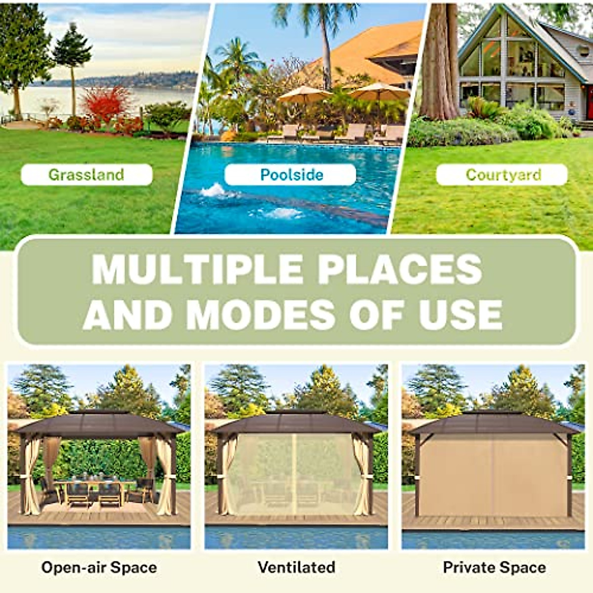 Aluminum Outdoor Gazebo 10X13 with Hardtop Polycarbonate Double Roof, Sturdy Hardtop Sun Shade Canopy, Metal pergola w/Hook Design for Deck Backyard Wedding Garden, Grill Gazebo w/Curtains and Netting