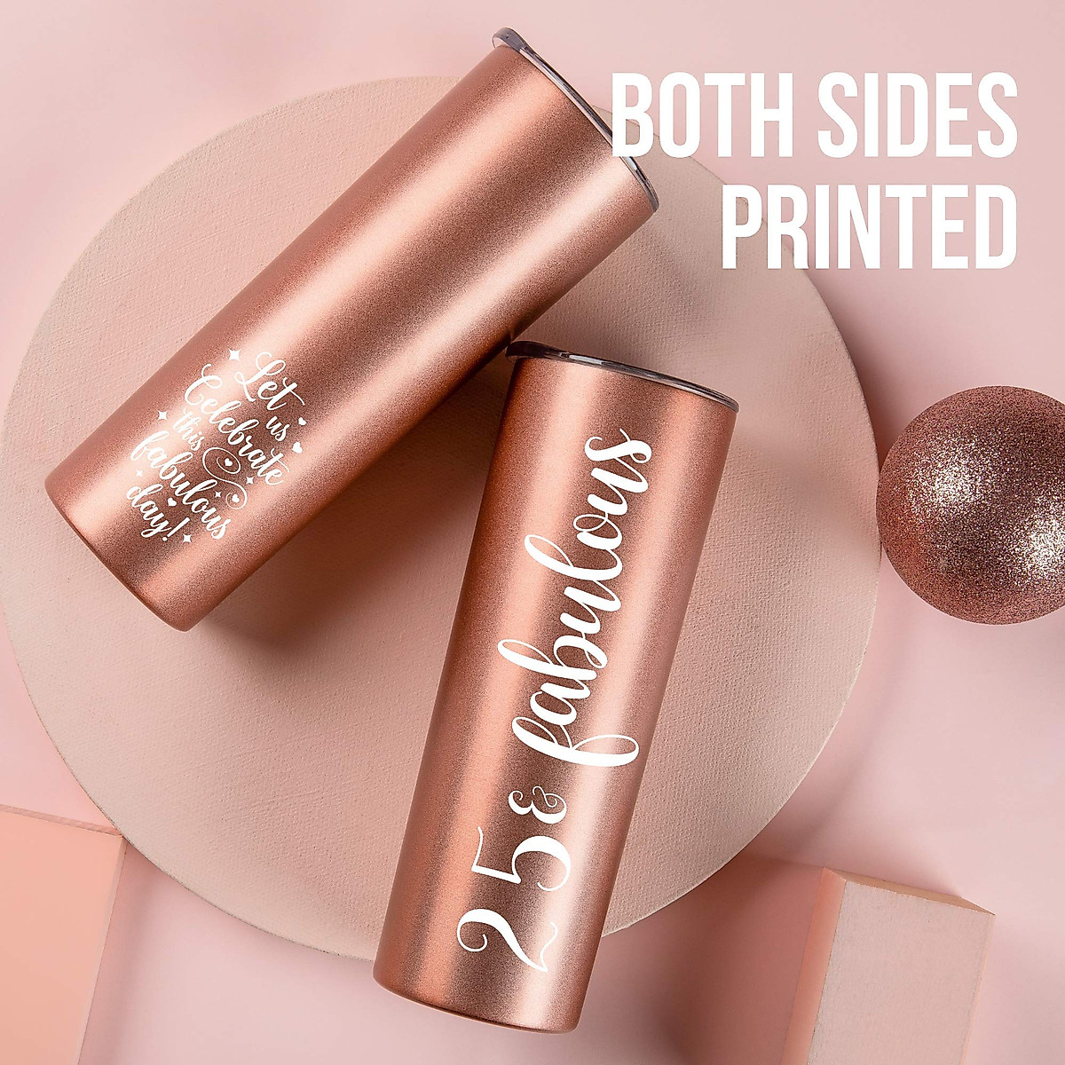 Onebttl 25 & Fabulous 20 Oz Insulated Stainless Steel Wine Tumbler, 25th Birthday Gifts Party Supplies Decorations for Women Funny Tumbler Gifts Idea for Friends Her Wife Mom Coworkers, Rose Gold