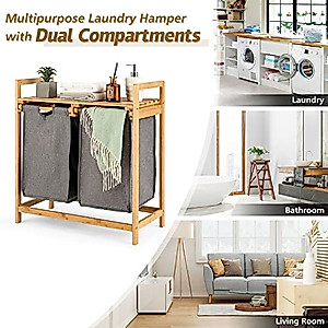 Bamboo Laundry Hamper with Dual Compartments Laundry Sorter and Sliding Bagswith Removable Sliding Bags & Shelf – Wooden Bamboo Laundry Organizer Cabinet for Bathroom (HOOYA1297)