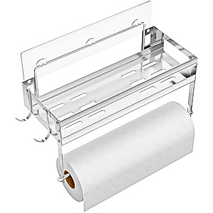 ESOW Paper Towel Holder with Shelf Storage, 2-in-1 Wall Mounted Paper Towel Roll Rack Basket for Kitchen, Balcony & Bathroom, Self-Adhesive or Drilling Installation, SUS304 Brushed Nickel Finish