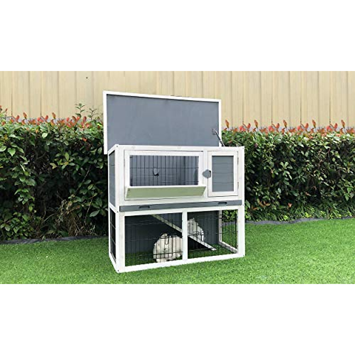 Hanover Outdoor Wooden 2-Story Rabbit Hutch with Ramp, Wire Mesh Run, Cage, Waterproof Roof, Removable Tray - HANRH0103-GRY