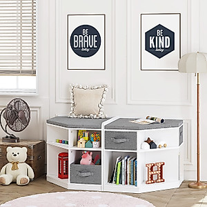 UTEX Kids Corner Reading Nook/ Bench with Storage, Corner Cabinet with 6 Cubbies for Living Room, Bedroom, an Ideal Gift for Kids, Toddlers 3 Age +, White