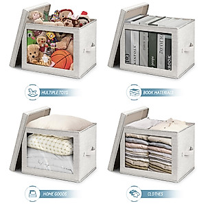 Bellzacasa Large Collapsible Storage Bins with Lids, 3 Pack Foldable Clear Window Storage Boxes with Handles, Linen Fabric Storage Cubes Baskets Organizer Containers, Beige, 15.8x11.8x11.8”