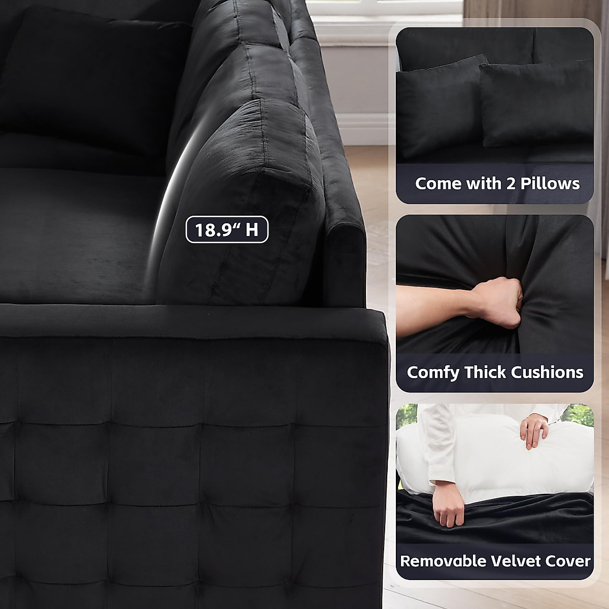 mestyl Convertible Pull Out Sleeper Sofa Bed with Storage Chaise, Oversized U Shaped Sectional Couch Bed with 2 Pillows, Comfy Large L Shaped Pullout Couches Bed for Living Room, Velvet, Black, MT002