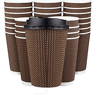 Promora Brown Disposable Coffee Cups With Lids 16 oz, Premium Insulated Paper Ripple Cups for Hot Coffee, Paper Cups 16 oz Coffee Cups 16 oz, Hot Cups With Lids 16 oz, Paper Coffee Cups (80 Pack)