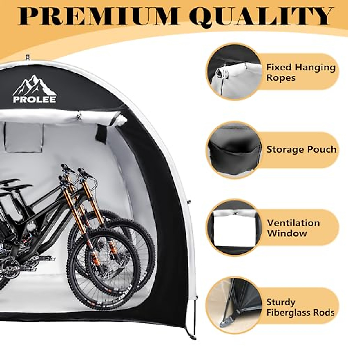 PROLEE Bike Shed 6.6FT, Waterproof Oxford Fabric Storage Tent for 2 Bikes, Outdoor Storage with Window Design, Black