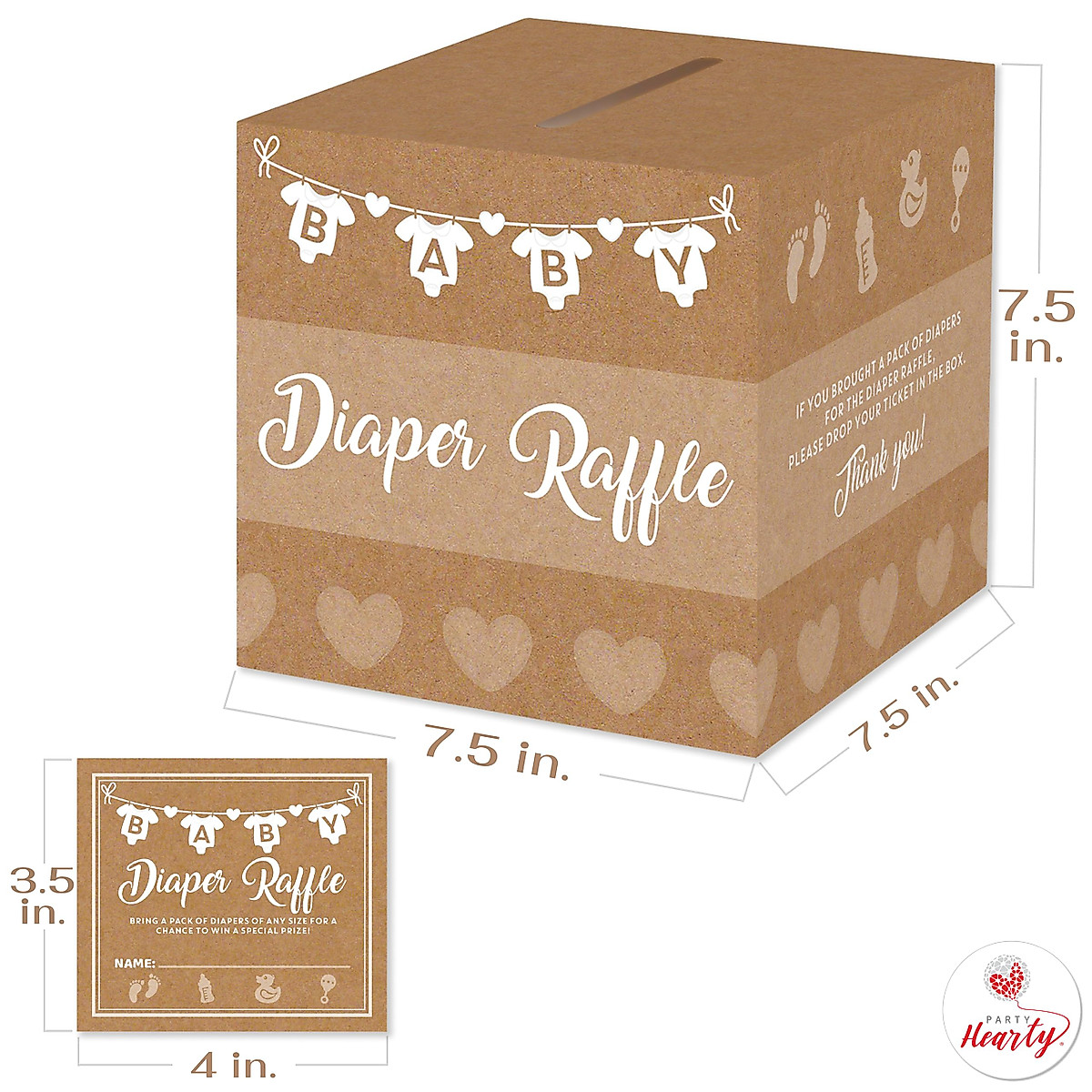 Party Hearty Baby Shower Games for Girl or Boy, 50 Diaper Raffle Tickets, Diaper Raffle Ticket Cards Box, Baby Shower Decorations, Raffle Prizes, Baby Shower Ideas