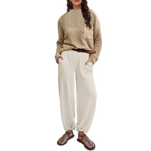 GTLIAE Womens 2 Piece Outfits Sweater Sets Long Sleeve Pullover Knit Top Loose Pant Tracksuit Lounge Set(White-XL)