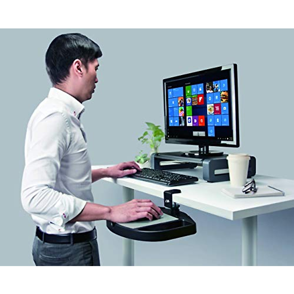 Desk Tray Add-on - CTA Desk Add-on Bundle with Keyboard Tray, Desk Organizer, Heavy-Duty Metal Keyboard, Mouse Tray, Organizer Tray Compartments, and Cable Routing Column (PC-DAB) - Black