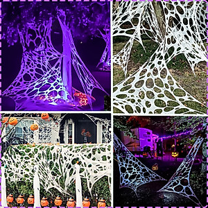 Beef Netting Spider Web for Halloween Outdoor Decoration White Stretchy Beef Netting Roll Spider Web with Purple LED String Lights for Light Up Scary Halloween Yard Garden Decorations
