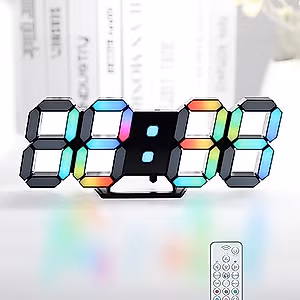 LED Digital Clock Neon Clock 9.7" Black Gaming Clock RGB LED Wall Clock for Living Room Desk Clock Large Display Aesthetic Clock for Bedroom, Colorful Rainbow Number Clock with Remote Control KOSUMOSU