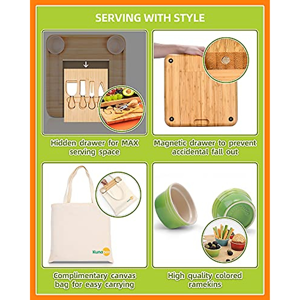 Kunaboo Bamboo Charcuterie Board Set-Green Ramekins-Climate Pledge Friendly Certified Cheese Board with Knife Set (FSC Certified eco-Friendly Bamboo)-Free Travel Canvas Bag-Cheese Boards Gift Set