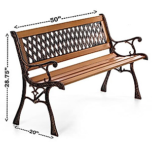 Gardenised QI003462L Outdoor Classical Wooden Slated Park, Steel Frame Seating Bench for Yard, Patio, Garden, Balcony, and Deck, Brown