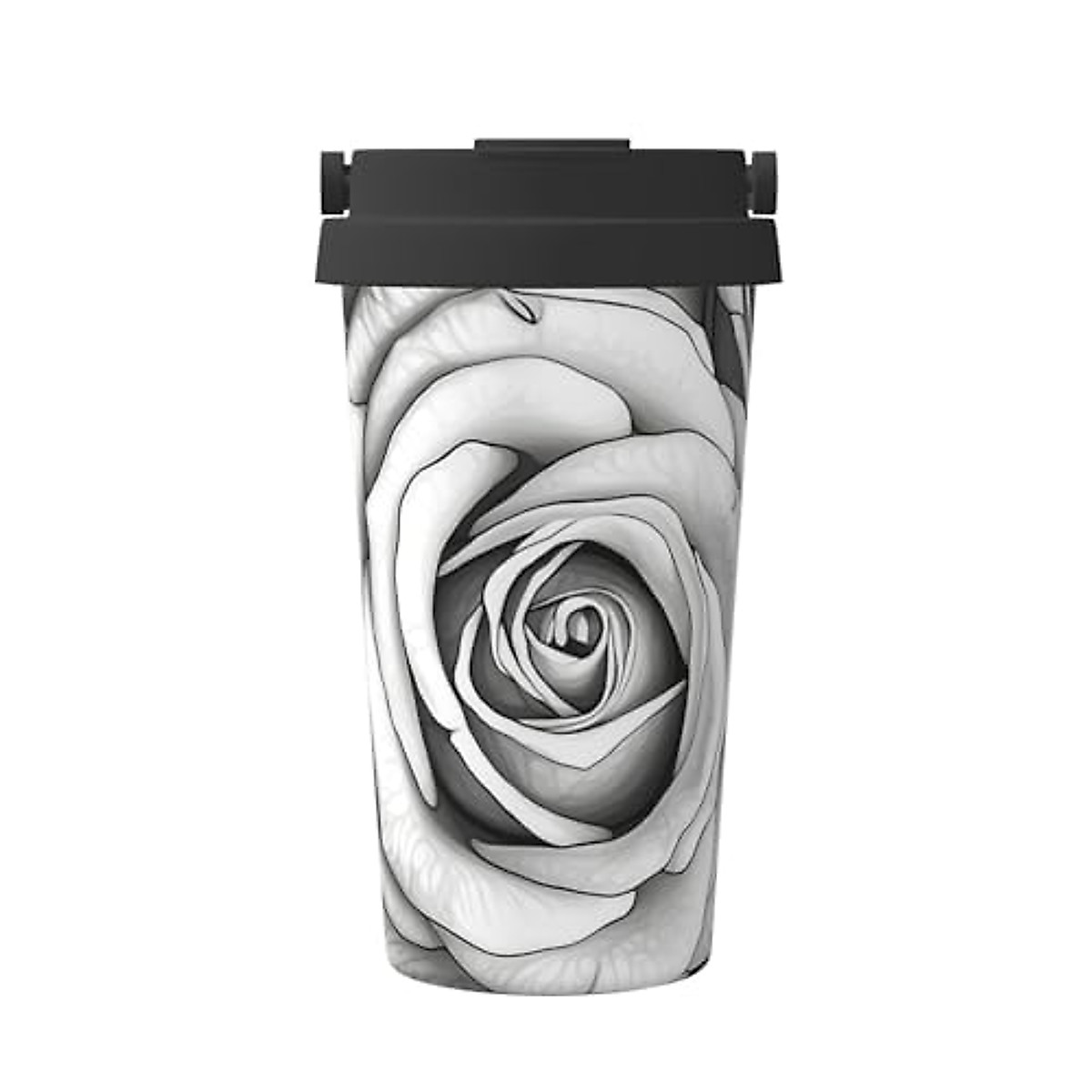GTKSYNVE Reusable Coffee Mug with Lid and Handle, Black White Rose Tumbler for Hot & Cold Drinks 16oz Stainless Steel Insulated Coffee Tumblers Double Wall Vacuum Thermal Cup