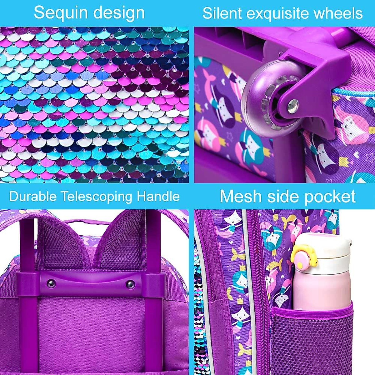 gxtvo Rolling Backpack for Girls, Roller Wheels Kids Bookbag - Wheeled Suitcase Elementary Sequin School Bag - 3PCS Mermaid