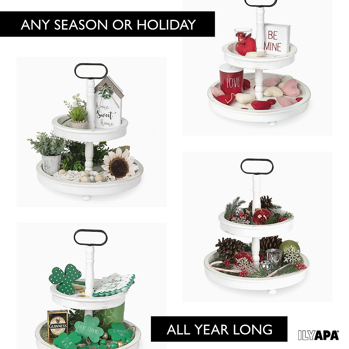 Ilyapa Decorative Farmhouse Tiered Serving Tray Stand - 2 Tier Rustic Wooden Serving Stand with Handle - White, 16 x 14.5 x 14.5